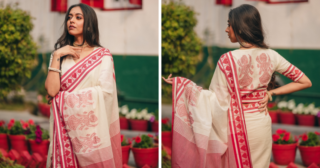 Classic Laal Paar Sada Sarees for Pujo, Parties, and More